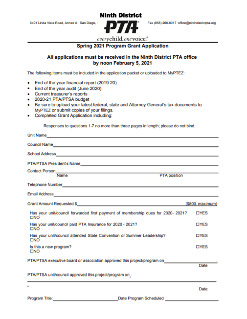 Ninth District PTA Grants - Ninth District PTA